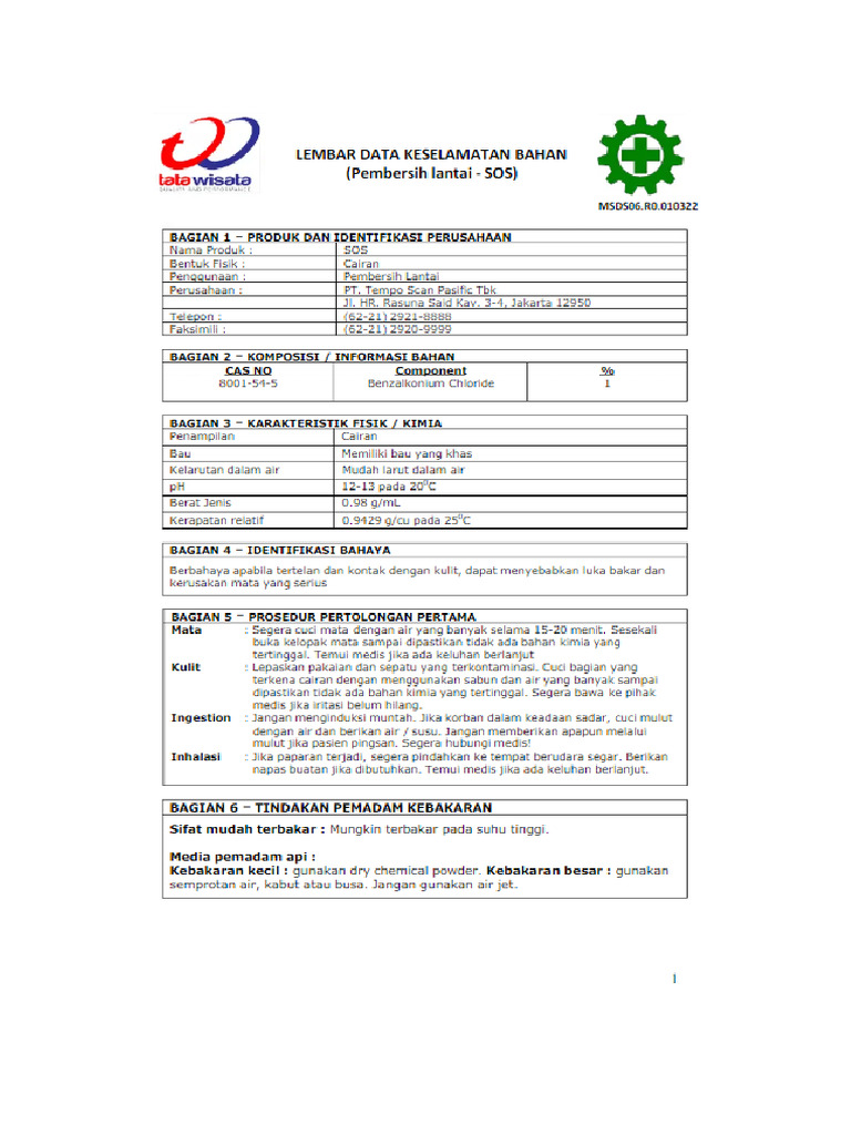 Msds Pembersih Lantai Sos | PDF