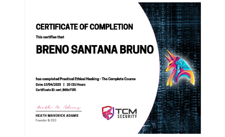 Certificate of Completion For Practical Ethical Hacking The Complete Course | PDF