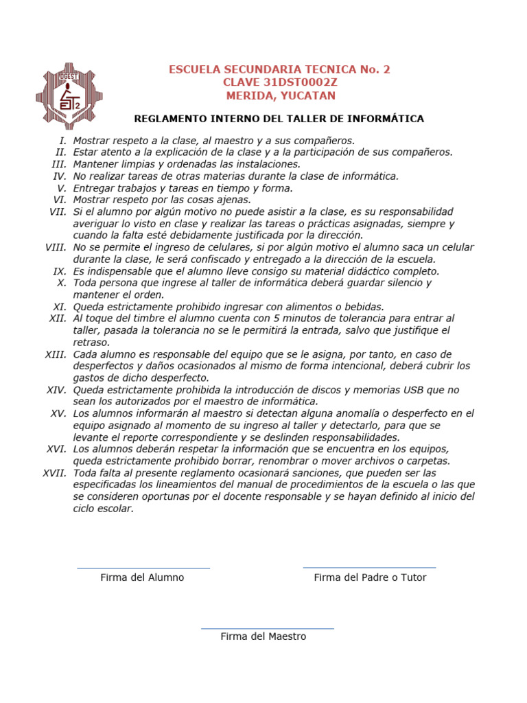 Reglamento Interno Taller Informatica | PDF