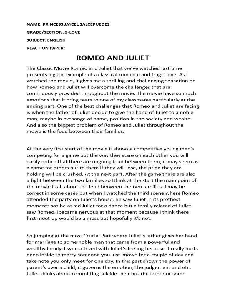 Romeo and Juliet Reaction Paper | PDF | Art