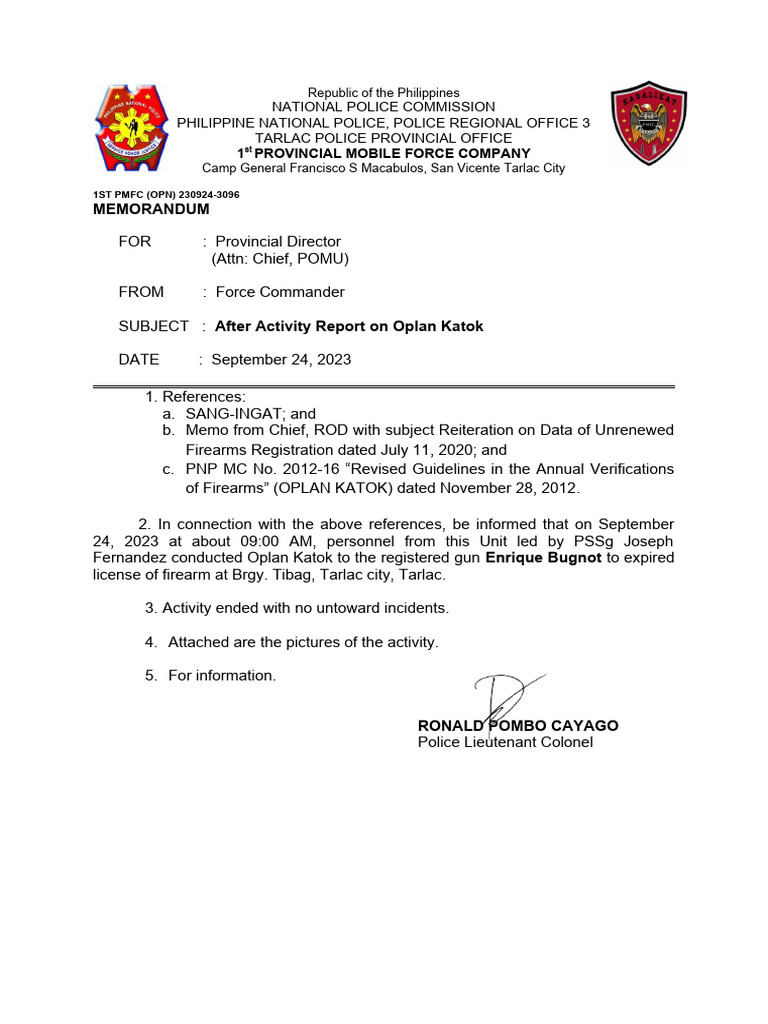 AAr Re After Activity Report On Oplan Katok (Wilfredo Paraiso Andriade ...