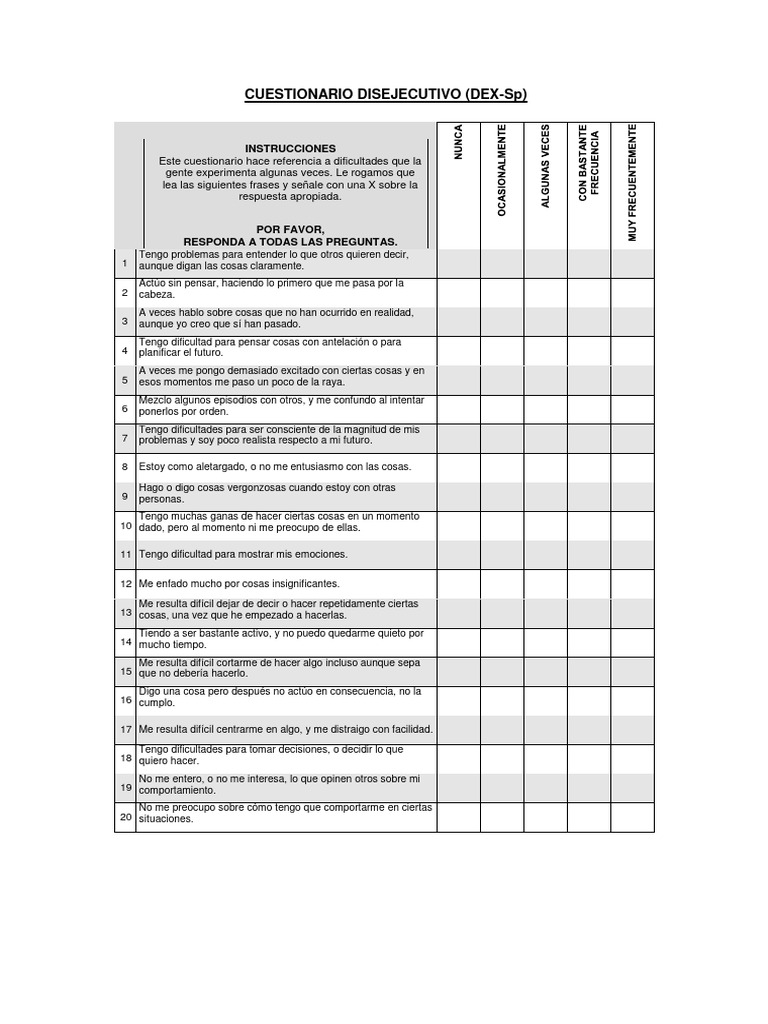 Cuestionario Disejecutivo (Dex-Sp) : Instrucciones | PDF