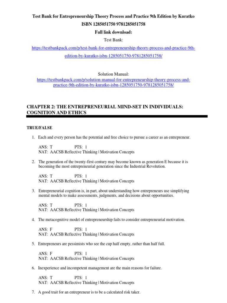 Test Bank For Entrepreneurship Theory Process and Practice 9th Edition ...