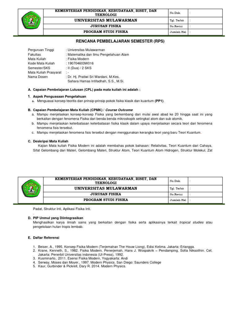 Revisi RPS Fisika Modern 2023 - Terbaru | PDF