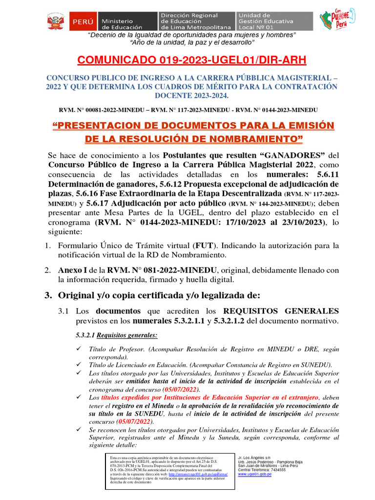 Comunicado-N°-019-2023-UGEL01-DIR-ARH - 09-10-2023 DOCUMENTOS GANADORES DEL CONCURSO ICPM-2022 ...