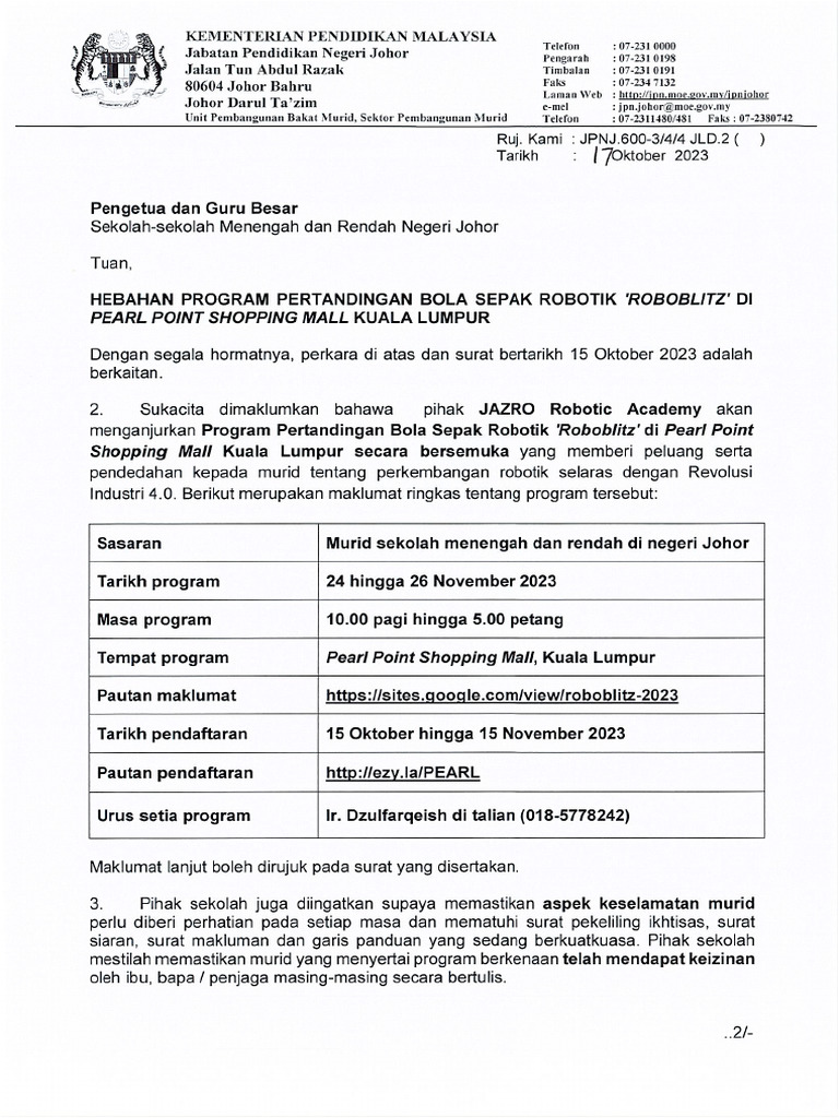 Surat Hebahan Program Pertandingan Bola Sepak Robotik 'Roboblitz' | PDF