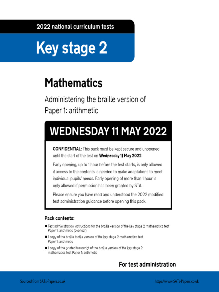 STA228458e 2022 ks2 Mathematics Administering Braille Paper1 Arithmetic ...