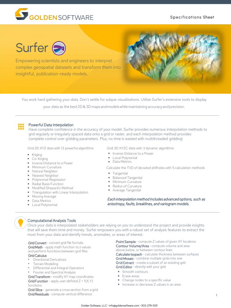 Golden Software Surfer Specifications Sheet | PDF