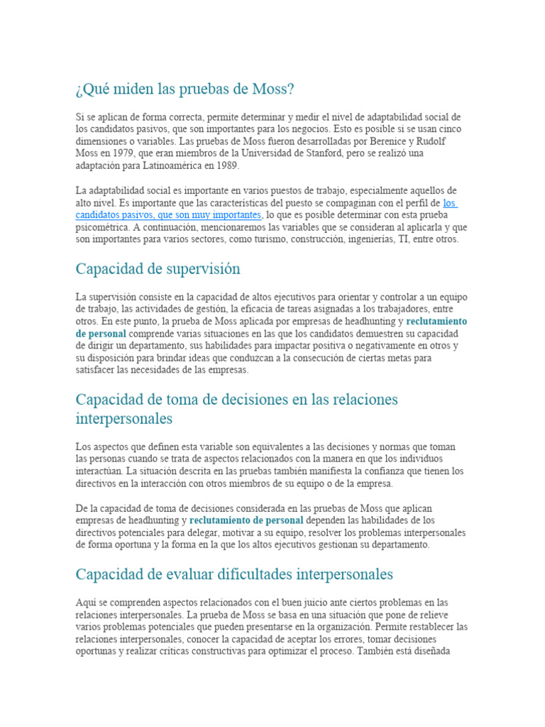 Pruebas de Moss: Medición de Adaptabilidad Social | PDF | Crecimiento ...