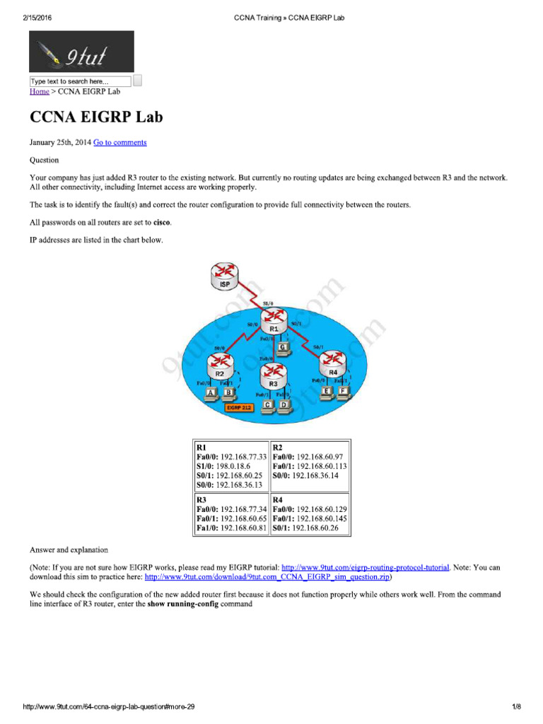 CCNA Training CCNA EIGRP Lab | PDF