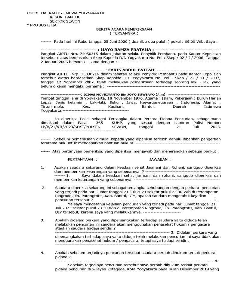 BAP Tersangka CONTOH | PDF | Game & Aktivitas