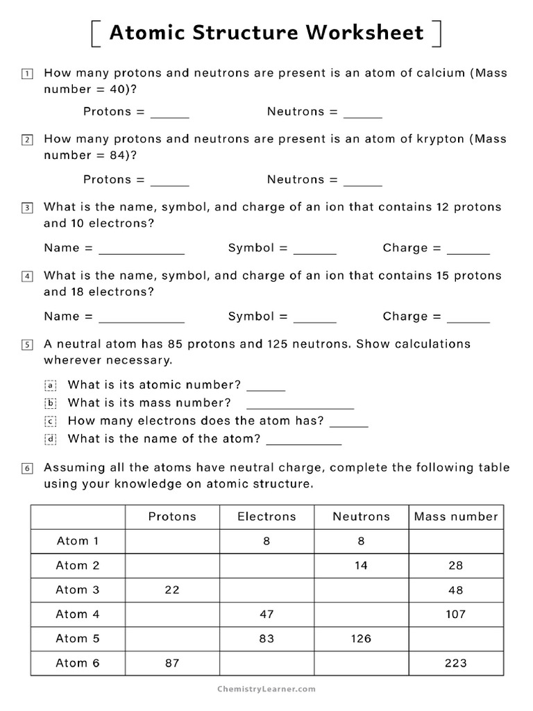 Answer Key Atomic Structure Worksheet | PDF