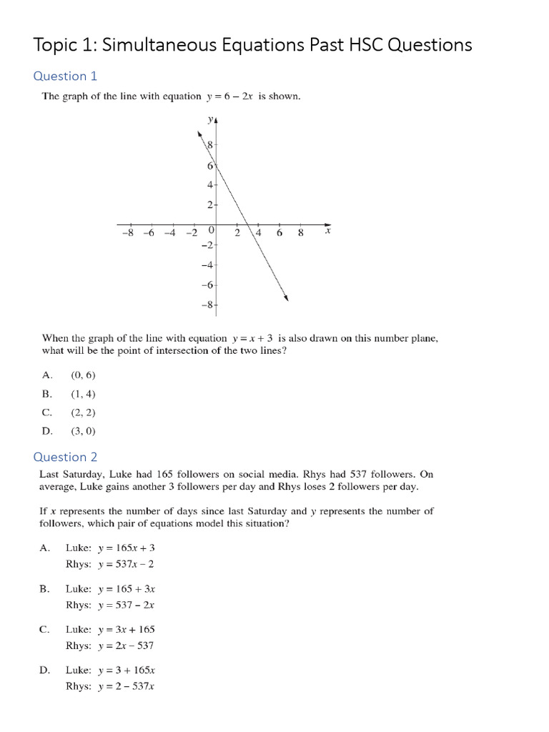 Year 12 - Simultaneous Equations - Standard 2 Past HSC Questions | PDF