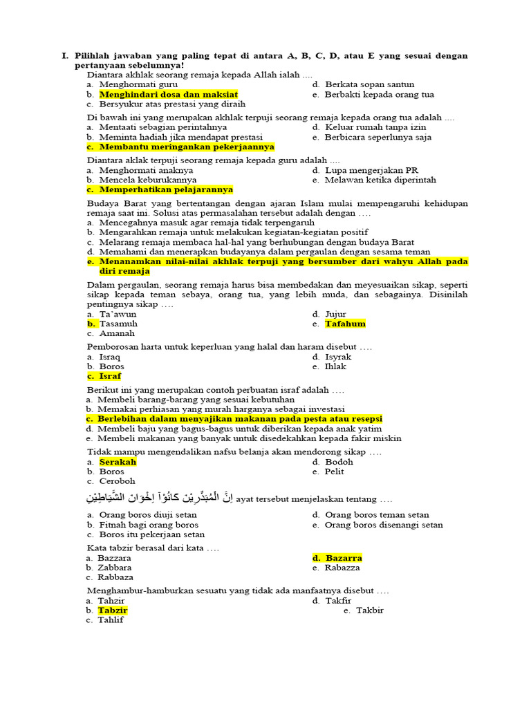 Latihan Soal Akidah Akhlak&Jawaban | PDF | Seni & Disiplin Bahasa ...