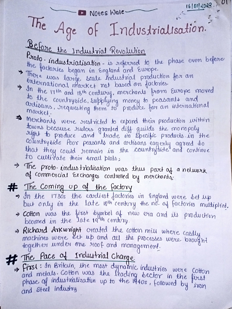 The Age of Industrialisation Class 10 Notes Social Science | PDF