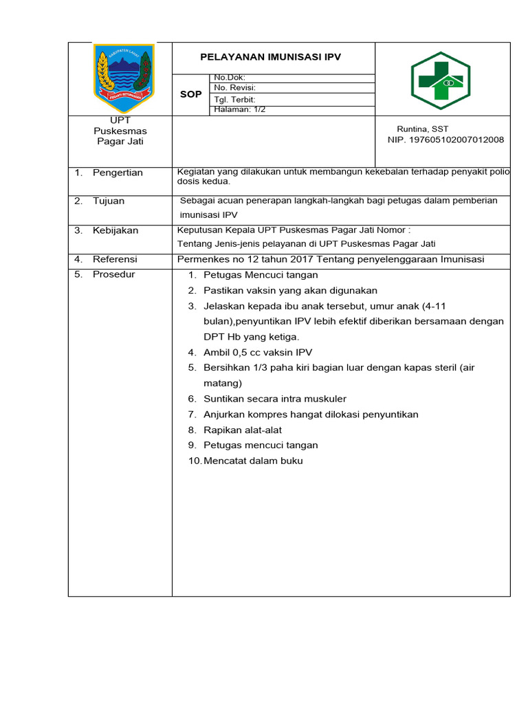 Pelayanan Imunisasi Ipv: No - Dok: No. Revisi: Tgl. Terbit: Halaman: 1/2 Runtina, SST | PDF