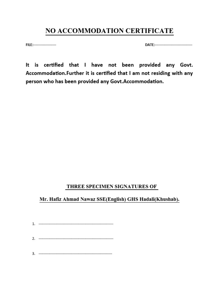 No Accomodation Certificate and Specimen Signs | PDF