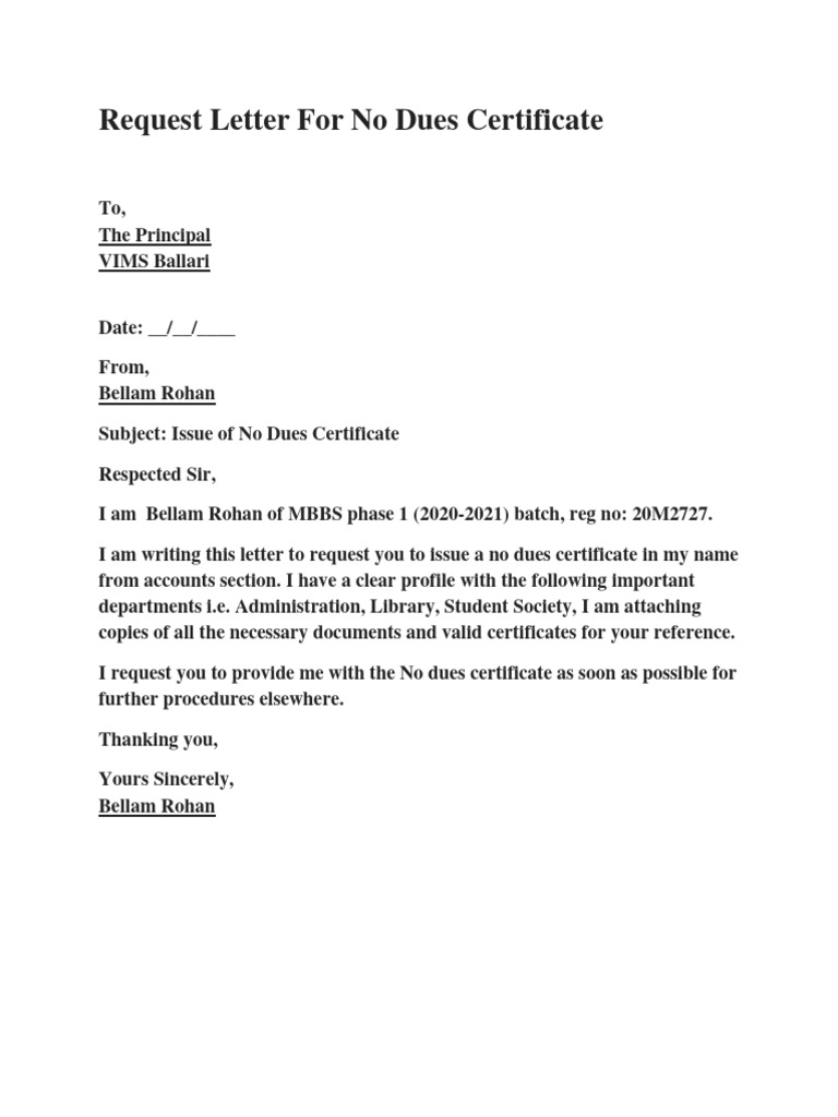 Request Letter For No Dues Certificate | PDF