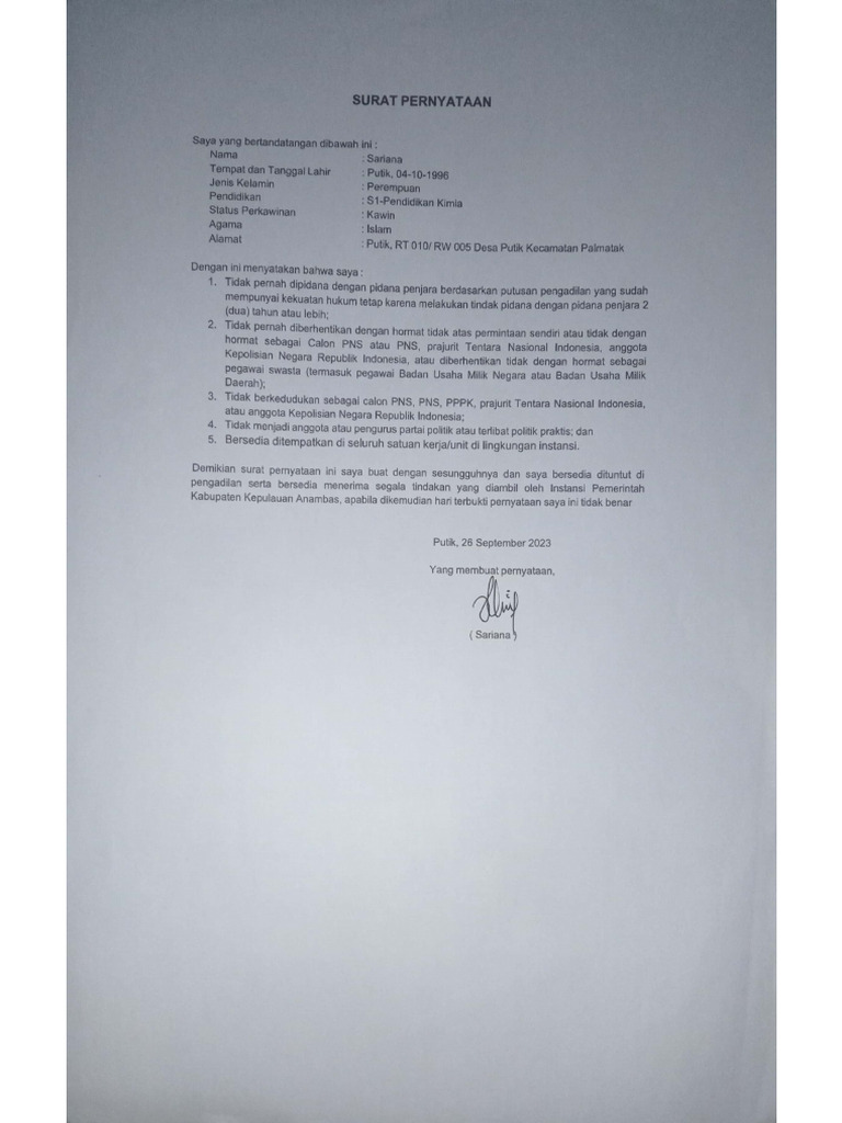 Surat Pernyataan Ana, Ok | PDF