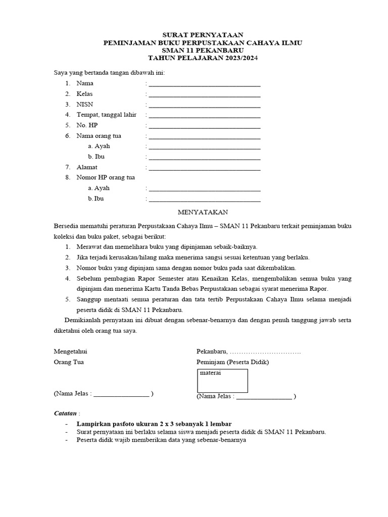 SURAT PERNYATAAN Peminjaman Buku 2023-2024 | PDF