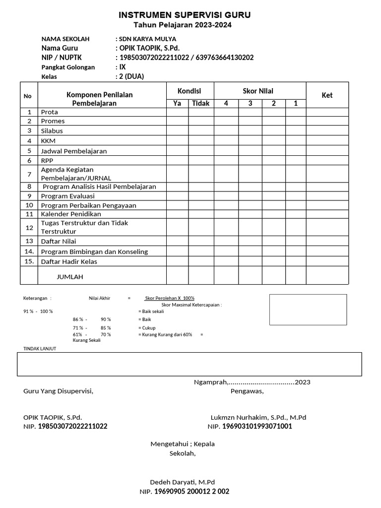 Instrumen Supervisi Guru 2023-2024 Kelas 2 | PDF