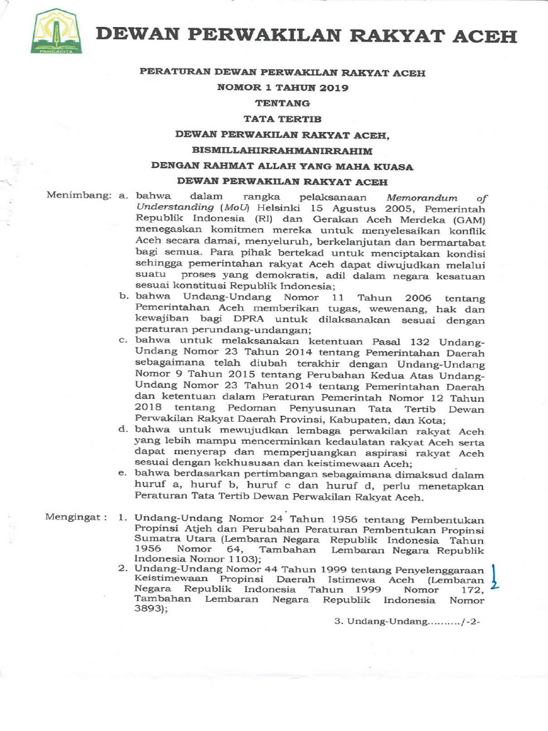 Tatib DPRA Nomor 1 Tahun 2019 | PDF