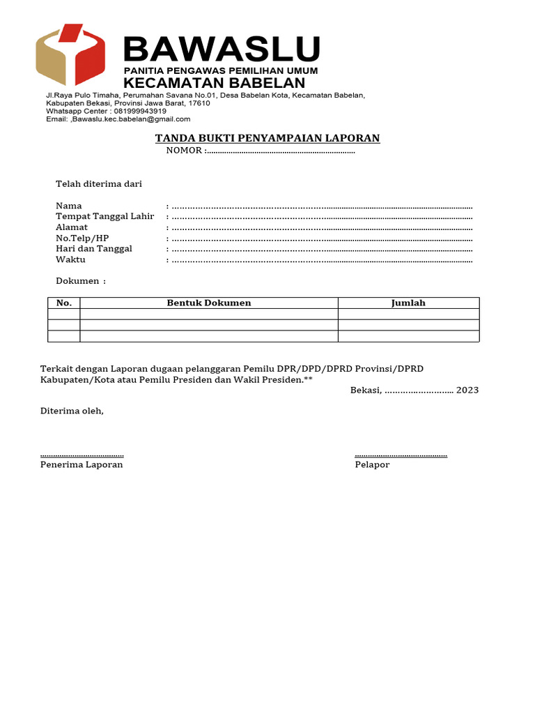 Form B3 - Tanda Bukti Penyampaian Laporan | PDF
