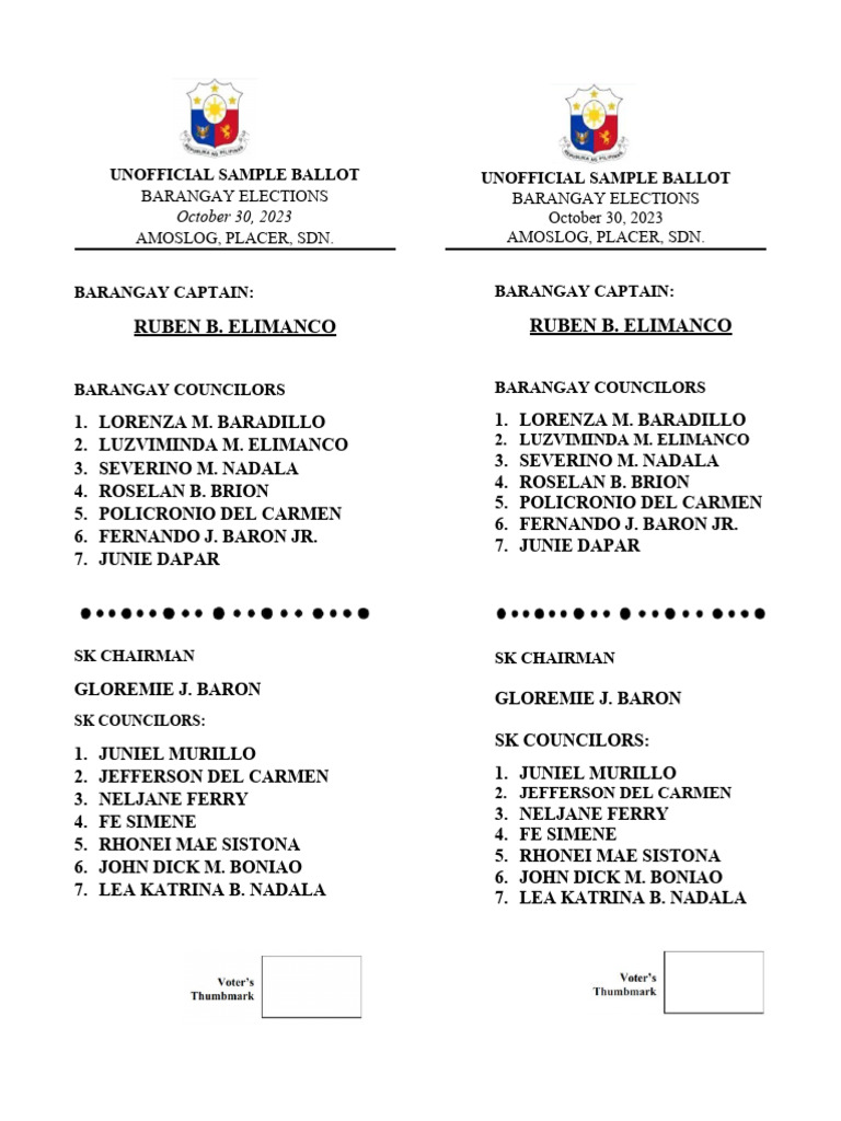 2023 Barangay Election Sample Ballot | PDF | Sports & Recreation