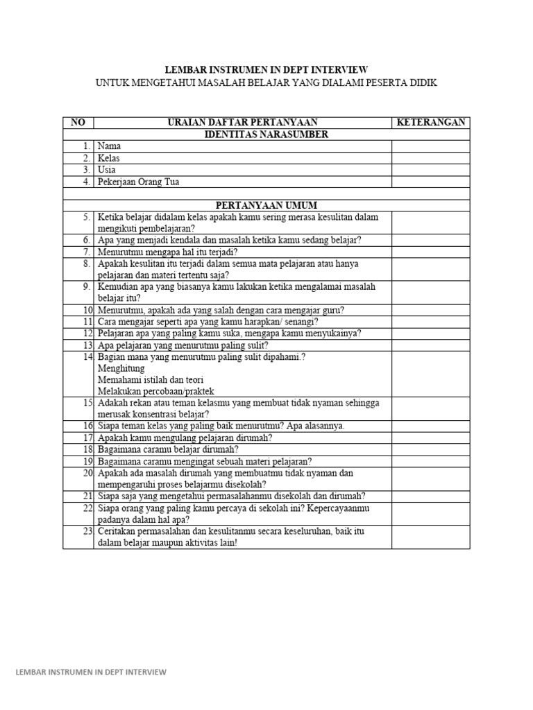 Lembar Instrumen in Dept Interview | PDF