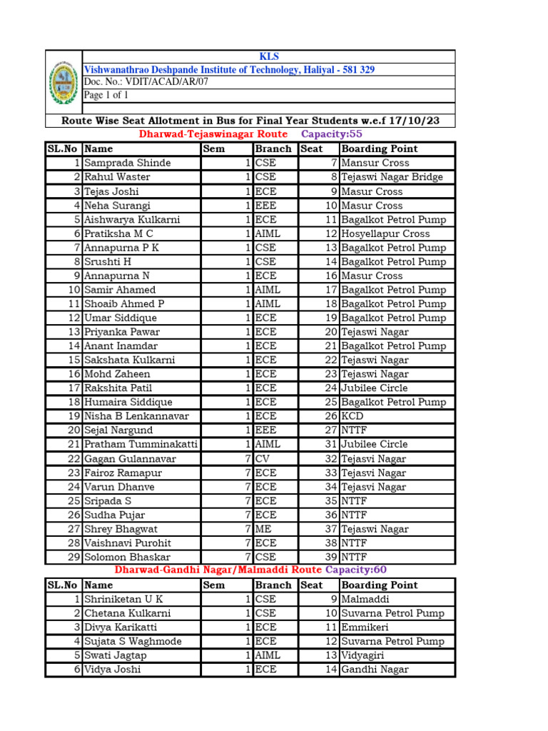 List of Seat Allotment For Bus - First and Final Year - New5 | PDF