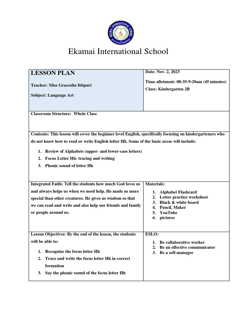 Kindergarten Lesson Plan: Letter Hh | PDF