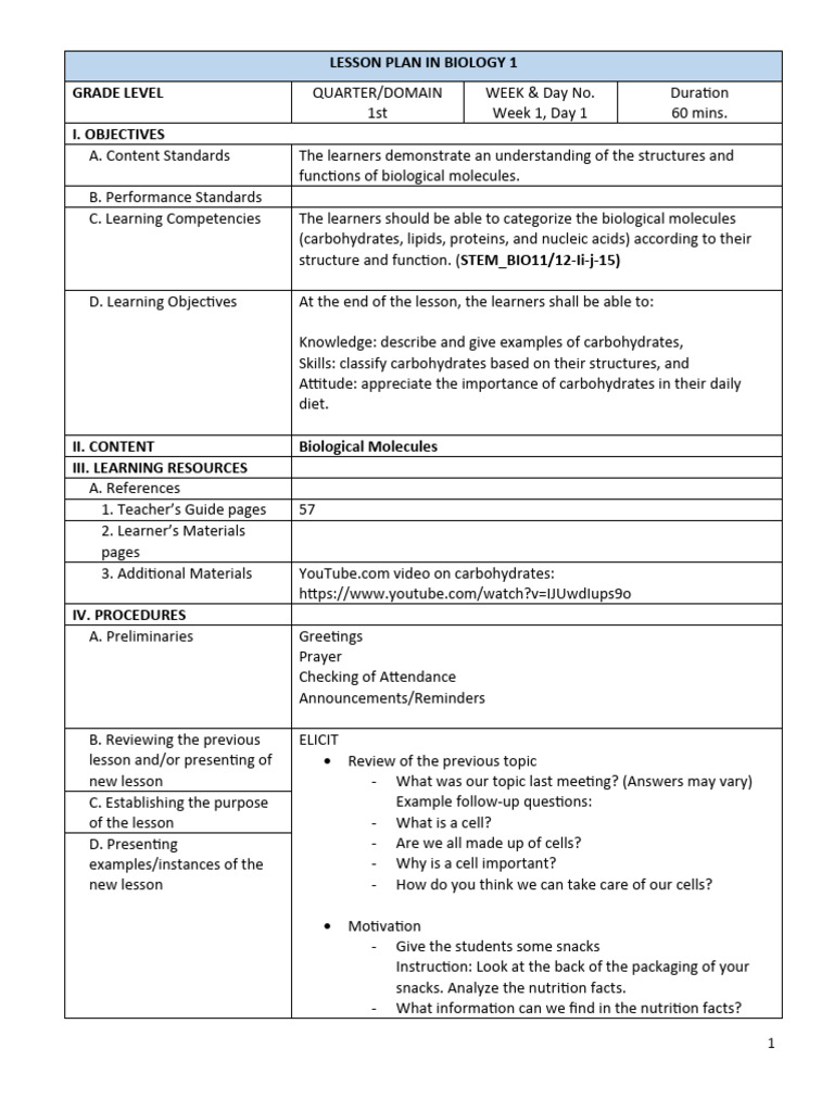 Lesson Plan in Biology 1 | PDF