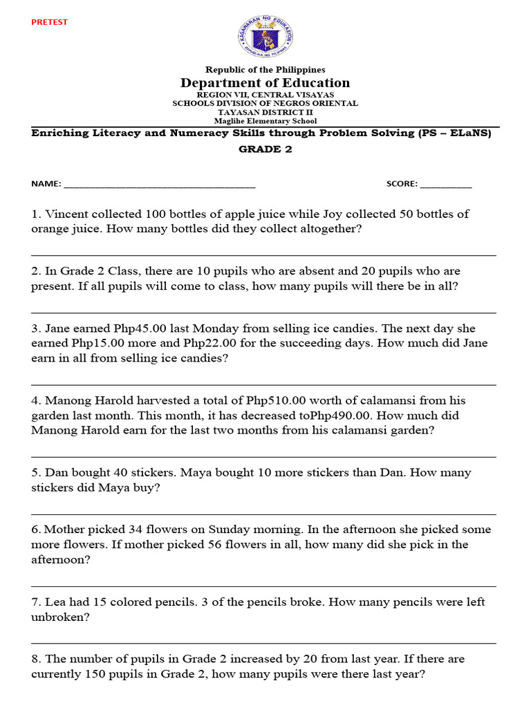 Grade 2 Math Pretest Questions | PDF | Wellness