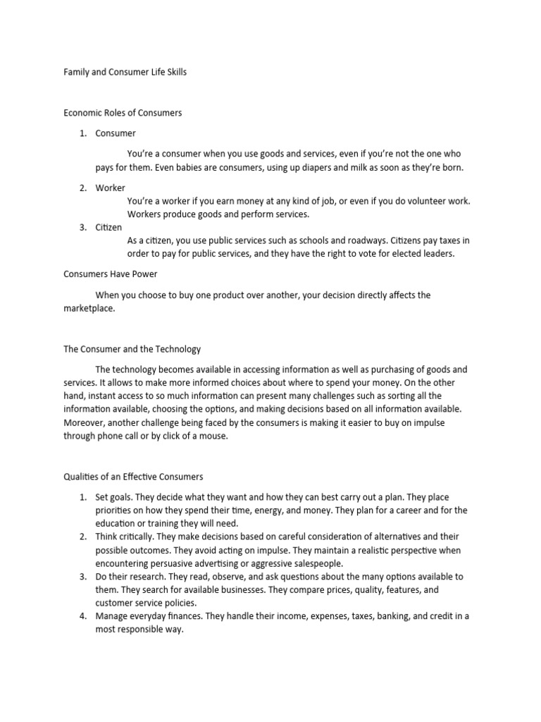 Family and Consumer Life Skills | PDF