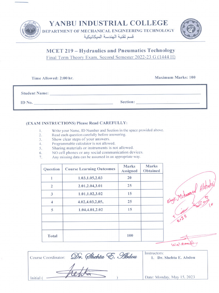 MCET 219 Final-Exam - 2022 - 23 - 2nd | PDF | Computers | Technology & Engineering
