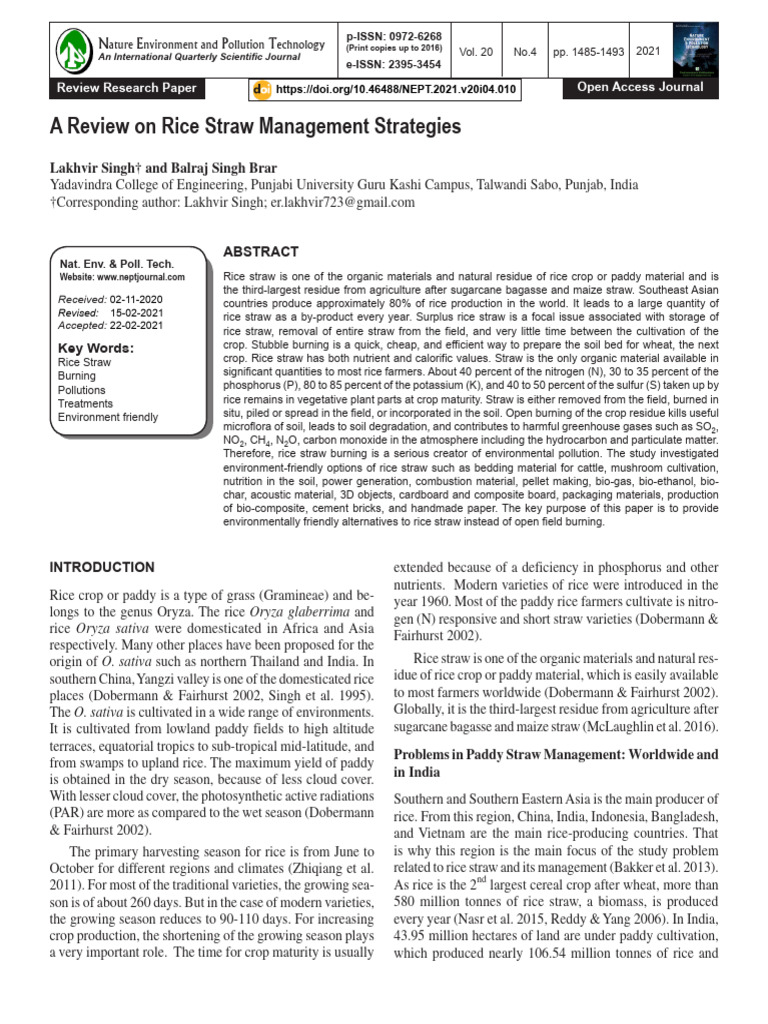 A Review On Rice Straw Management Strategies: Lakhvir Singh and Balraj ...