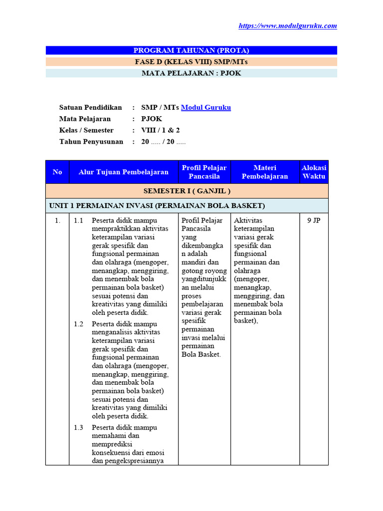 Prota Kelas 8 SMP/MTS PJOK Fase D | PDF