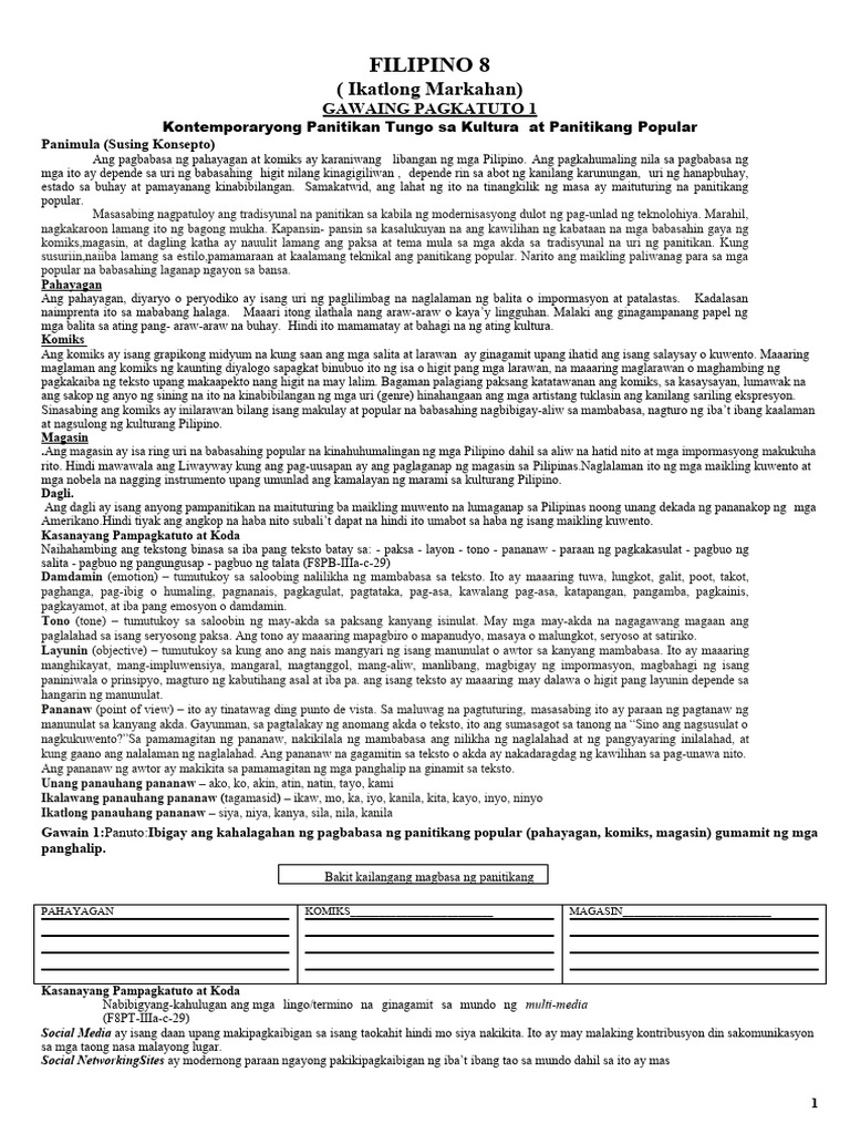 FILIPINO 8 Q3 Final LAS Reduced | PDF