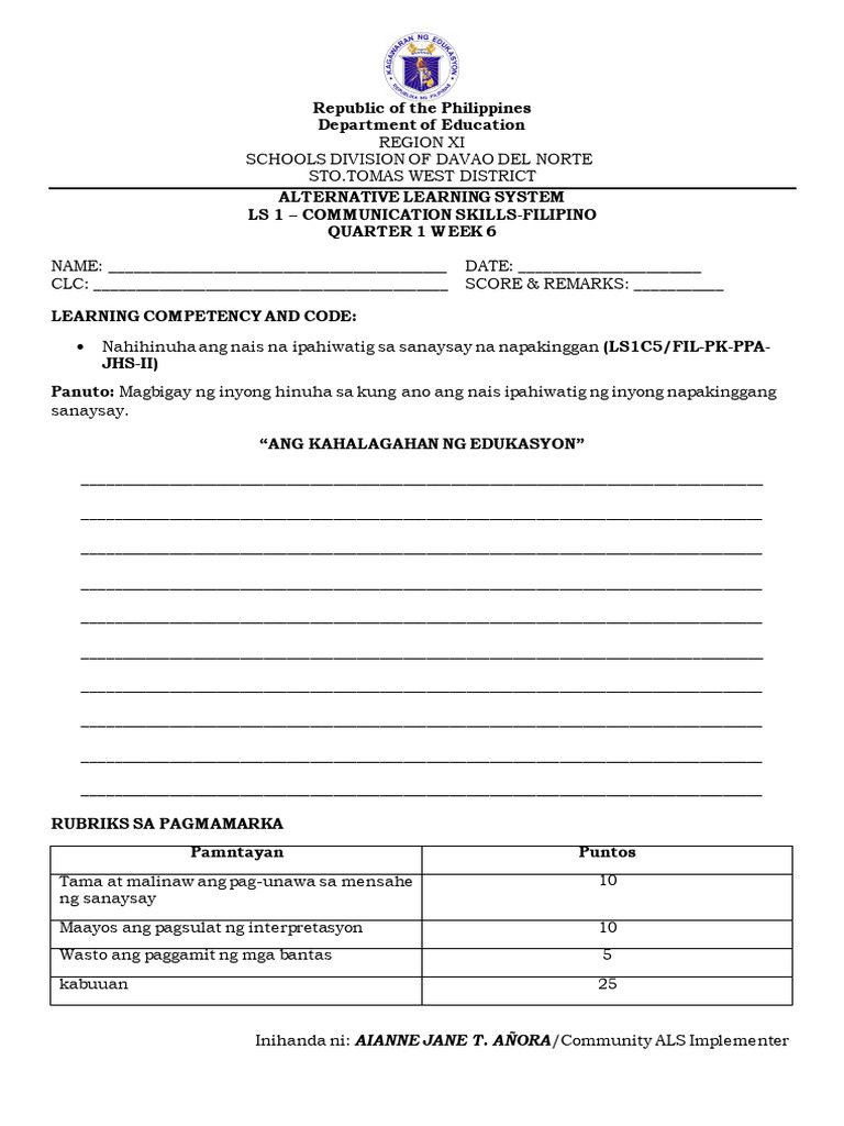 Q1 W6 LS1 Filipino W.sheets JHS | PDF