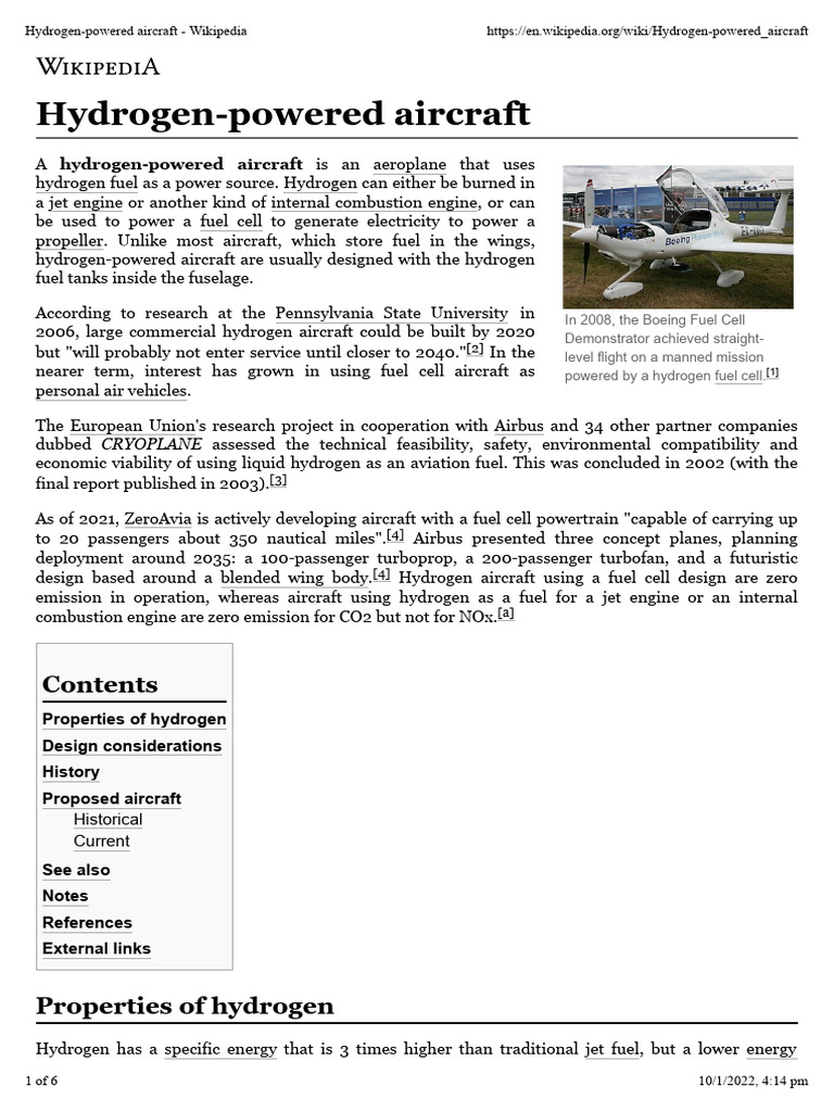 Hydrogen-Powered Aircraft - Wikipedia | PDF