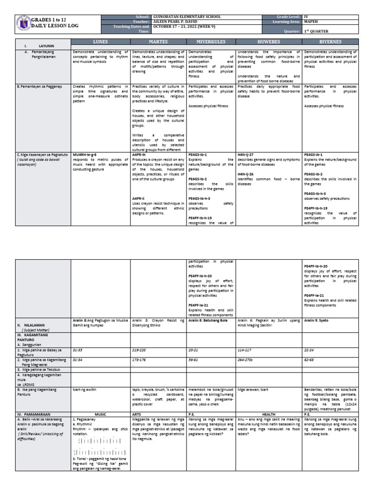 DLL - Mapeh 4 - Q1 - W9 | PDF