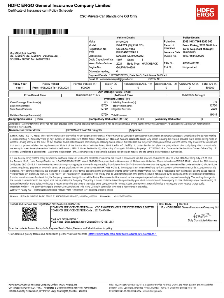 CSC-Private Car Standalone OD Only: Certificate of Insurance Cum Policy ...