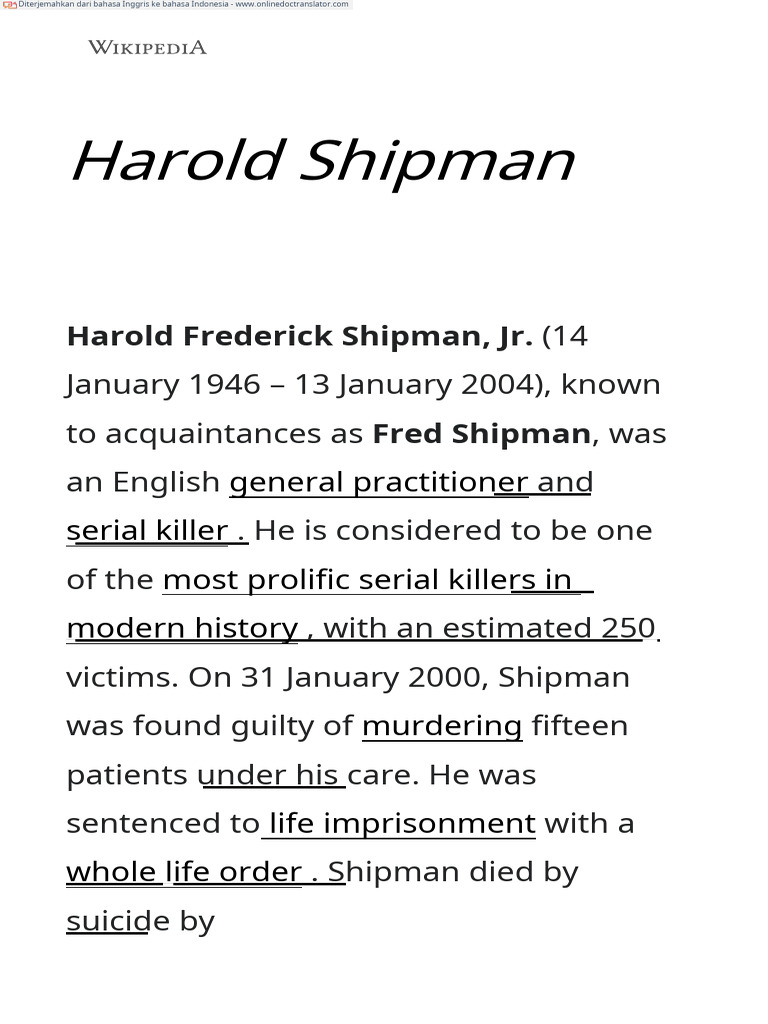 Harold Shipman - Wikipedia - En.id | PDF | Mystery, Thriller & Crime ...