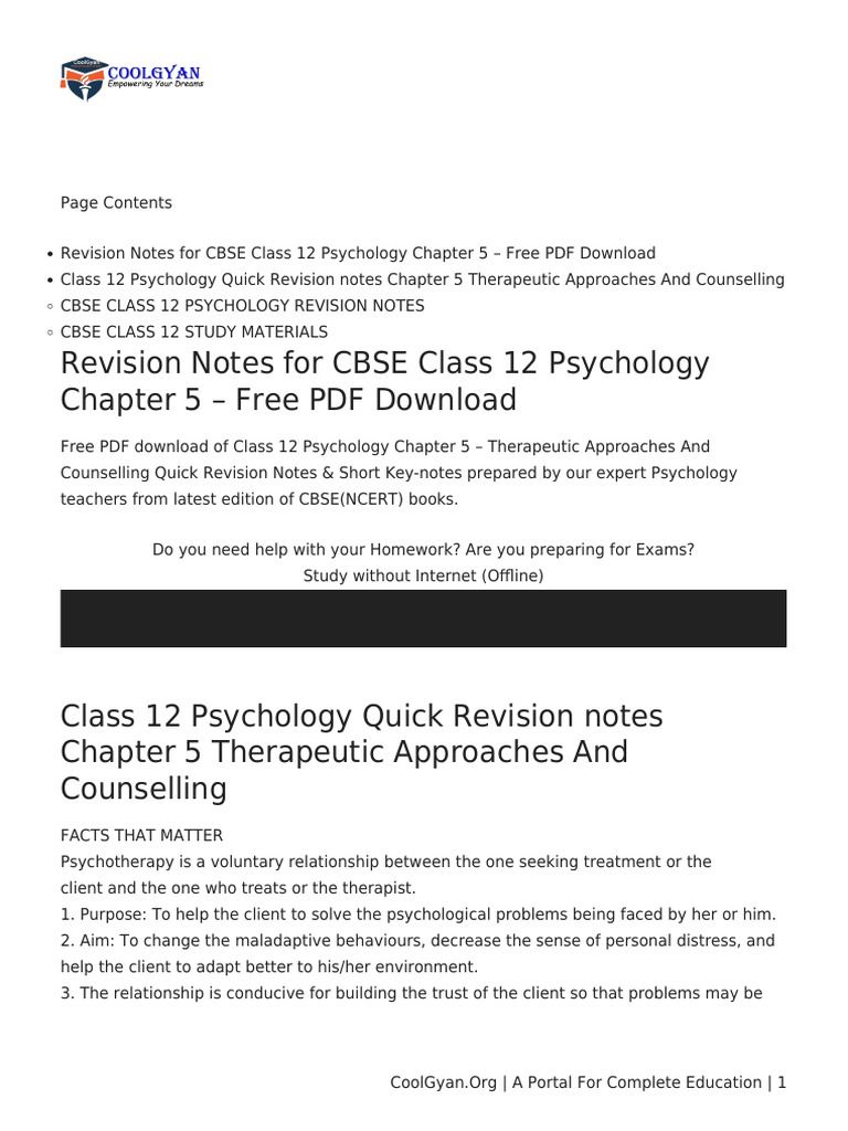 CBSE Class 12 Psychology Revision Notes For Therapeutic Approaches and ...