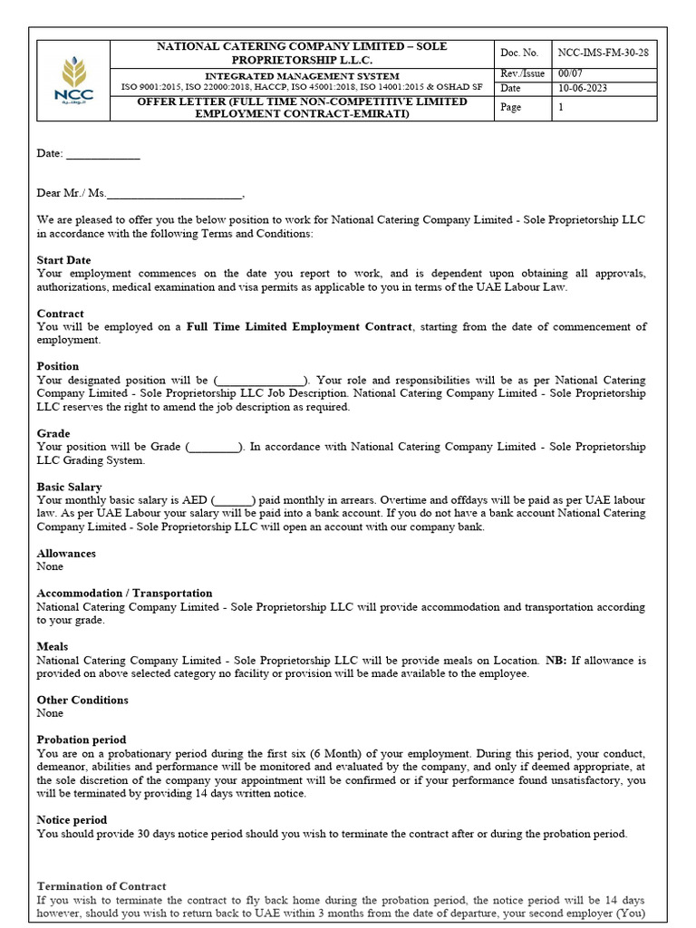 NCC-IMS-FM-30-28 - Offer Letter - Non-Competitive Limited Employment Contract Emirati Is7.0 | PDF