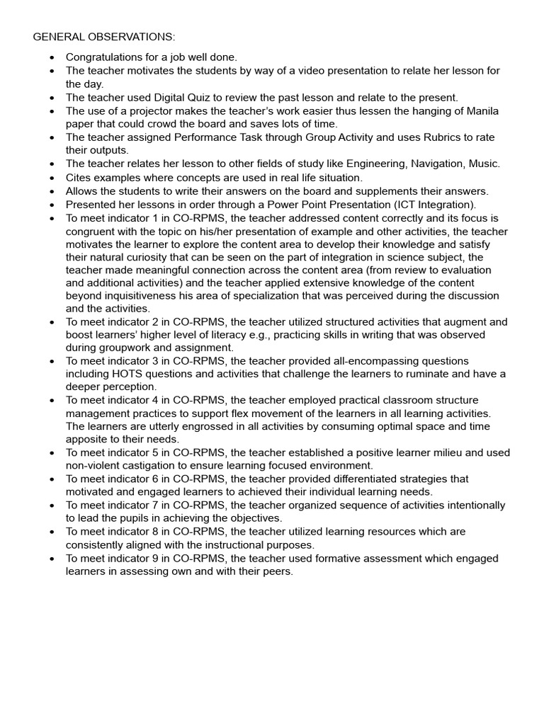 Co-Rpms General Observations | PDF | Career & Growth