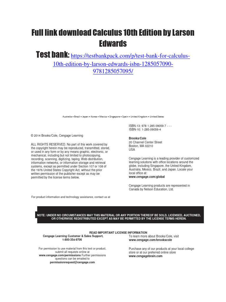 Test Bank For Calculus 10th Edition by Larson Edwards ISBN 1285057090 ...