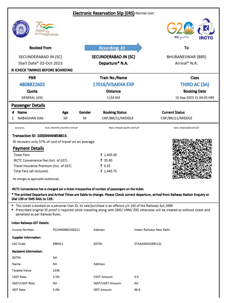 Electronic Reservation Slip for Train Travel | PDF