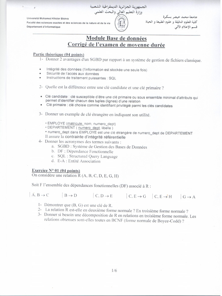 Corrigé Type Examen Module BDD Univ Biskra Promo 2015-2016 | PDF