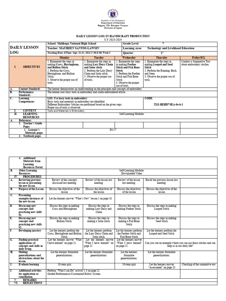 DLL Handicraft - Grade 7 Q1W3 | PDF